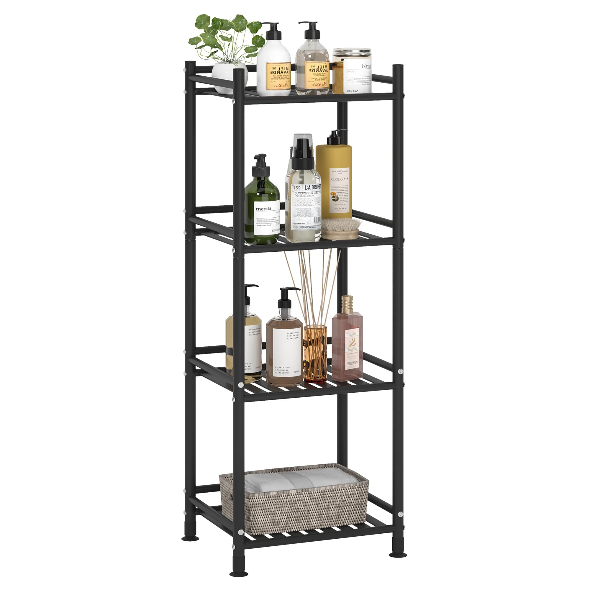 FKUO 4 Tier Metal Bathroom Rack Standing Shelf Unit Kitchen Storage Cabinet Shelf Organizer Plant Stand Display Rack Bookshelf for Living Room (Black, 4 Tier)