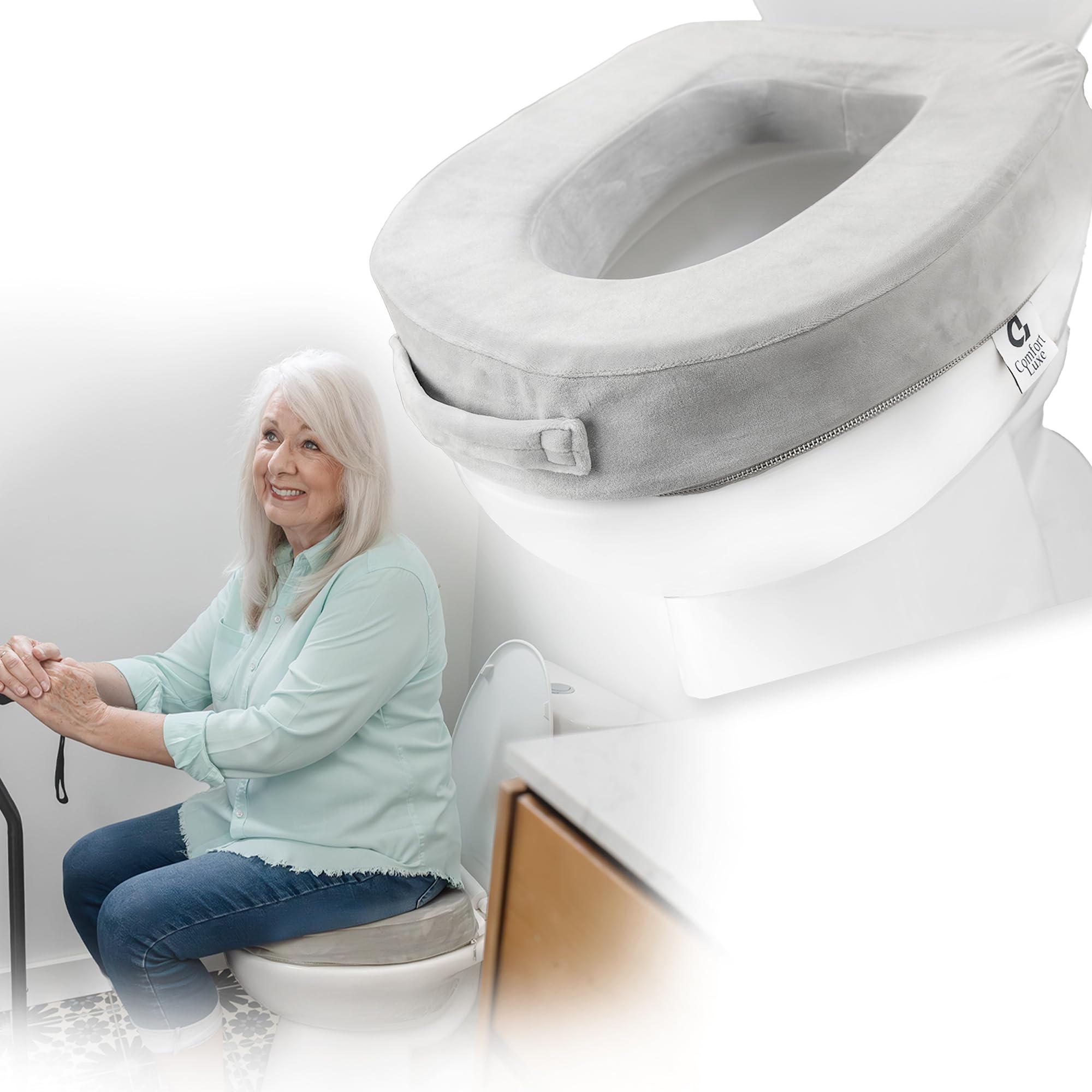 COMFORT LUXE Padded Toilet Seat Cushion - 2” Firm Cushioned Toilet Seat for Seniors and Post Surgery Recovery, Soft, Warm Toilet Riser Seat with Handles and Washable Cover