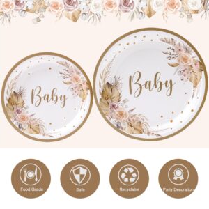 Boho Baby Shower Decorations Plates and Napkins Tableware for 24 Guests, Pampas Grass Floral Paper Plates Cups Design for Neutral Baby Shower Girl Boy Boho Party Supplies