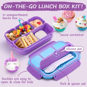 QQKO Bento Box for Kids with Insulated Lunch Bag, Kids Toddler Lunch Box Containers for Girls, School Unicorn lunch Box Set with 4 Compartments, Ice Packs, Utensils, Sauce Container, Muffin Cups