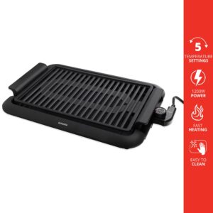 Aiwa 1200W Indoor Smokeless Grill with 5 Temperature Settings & Easy Cleaning, Black Ceramic Nonstick Skillet