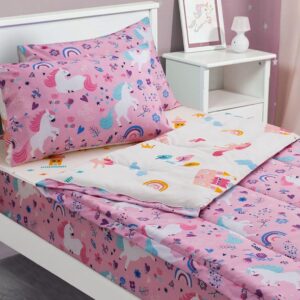 Meeting Story 3pcs Kids Comforter Sets Zipper Bedding Set for Girls,Twin Kid Bedding Set Rainbow Comforter Unicorn Bedding Set for Kid,All in one Zipper Bedding(Pink，Twin