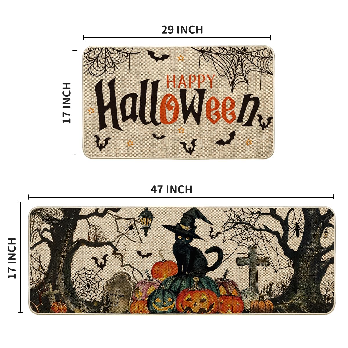 Artoid Mode Pumpkin Cat Spider Web Crucifix Bat Halloween Kitchen Mats Set of 2, Black Home Decor Low-Profile Kitchen Rugs for Floor - 17x29 and 17x47 Inch