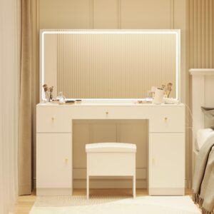 clouddwell makeup vanity desk with large mirror and led lights, 3 lighting modes and power outlet. makeup vanity with 3 drawers,2 cabinets and chair, stool with storage, for bedroom, white, 1 case