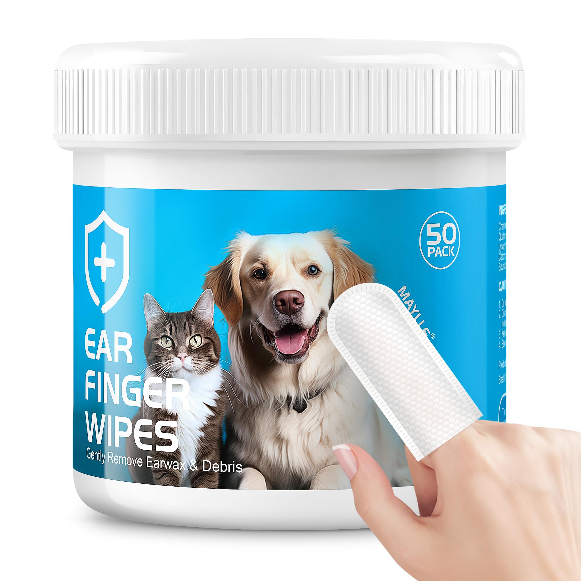 Maylle Ear Finger Wipes for Dogs & Cats - Gently Clean Ear Wax,Reduce Inflammation,Sooths & Deodorizes,Non-Irritating Natrual Ingredients (50 Count)