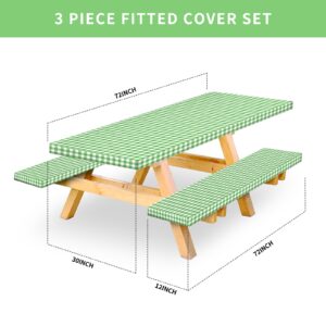 Raweao Picnic Table Cover with Bench Covers - 3 Piece Fitted Picnic Table Cover with Elastic Band and Flannel Backing, Picnic Table Cover for Outdoor, BBQ, Camping (30 X 72 Inch, Green)