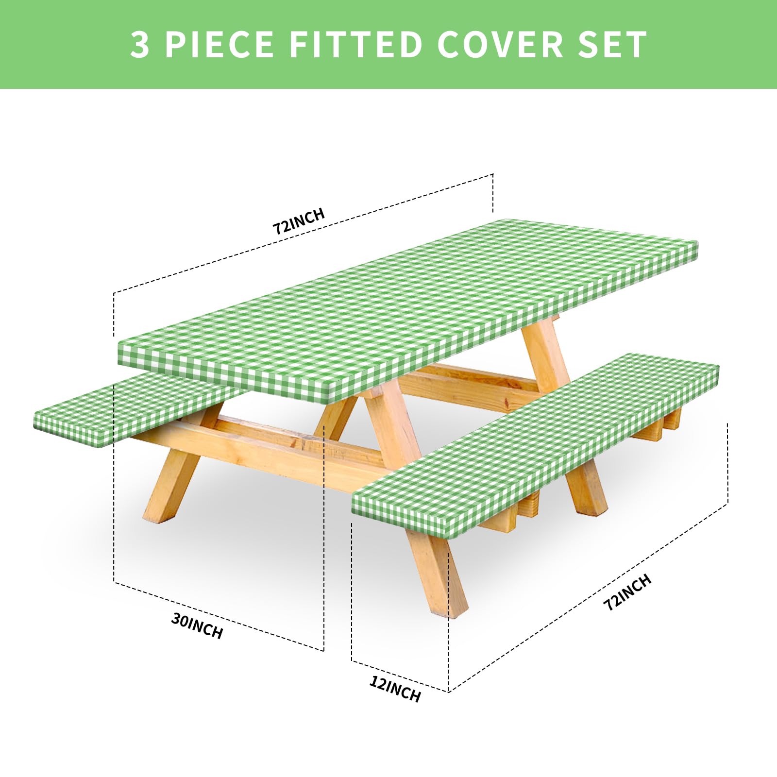 Raweao Picnic Table Cover with Bench Covers - 3 Piece Fitted Picnic Table Cover with Elastic Band and Flannel Backing, Picnic Table Cover for Outdoor, BBQ, Camping (30 X 72 Inch, Green)