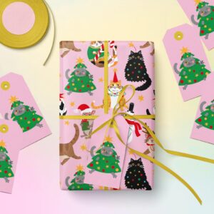 WRAPAHOLIC Christmas Wrapping Paper - Mini Roll - 17 Inch x 33 Feet - Adorable Christmas Cat Design for Christmas, Holiday, Party Celebration