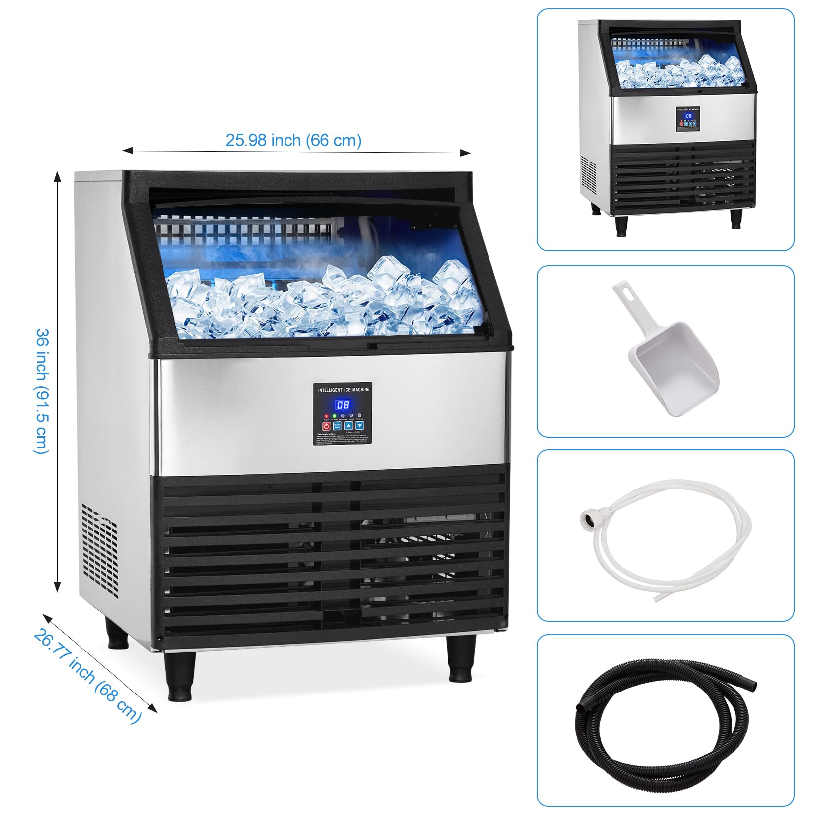 Commercial Ice Maker 300lbs/24H, 100lbs Storage Bin, Under Counter Ice Machine 500W, Freestanding Ice Machine with Ice Scoop, Self-Cleaning, for Restaurants/Bars