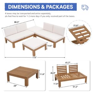 SUNSITT 4 Piece Acacia Wood Patio Furniture Outdoor Sectional Sofa Set with Adjustable Armrest, FSC Certified L-Shaped Patio Set w/2-in-1 Coffee Table, Cream White Cushions for Garden