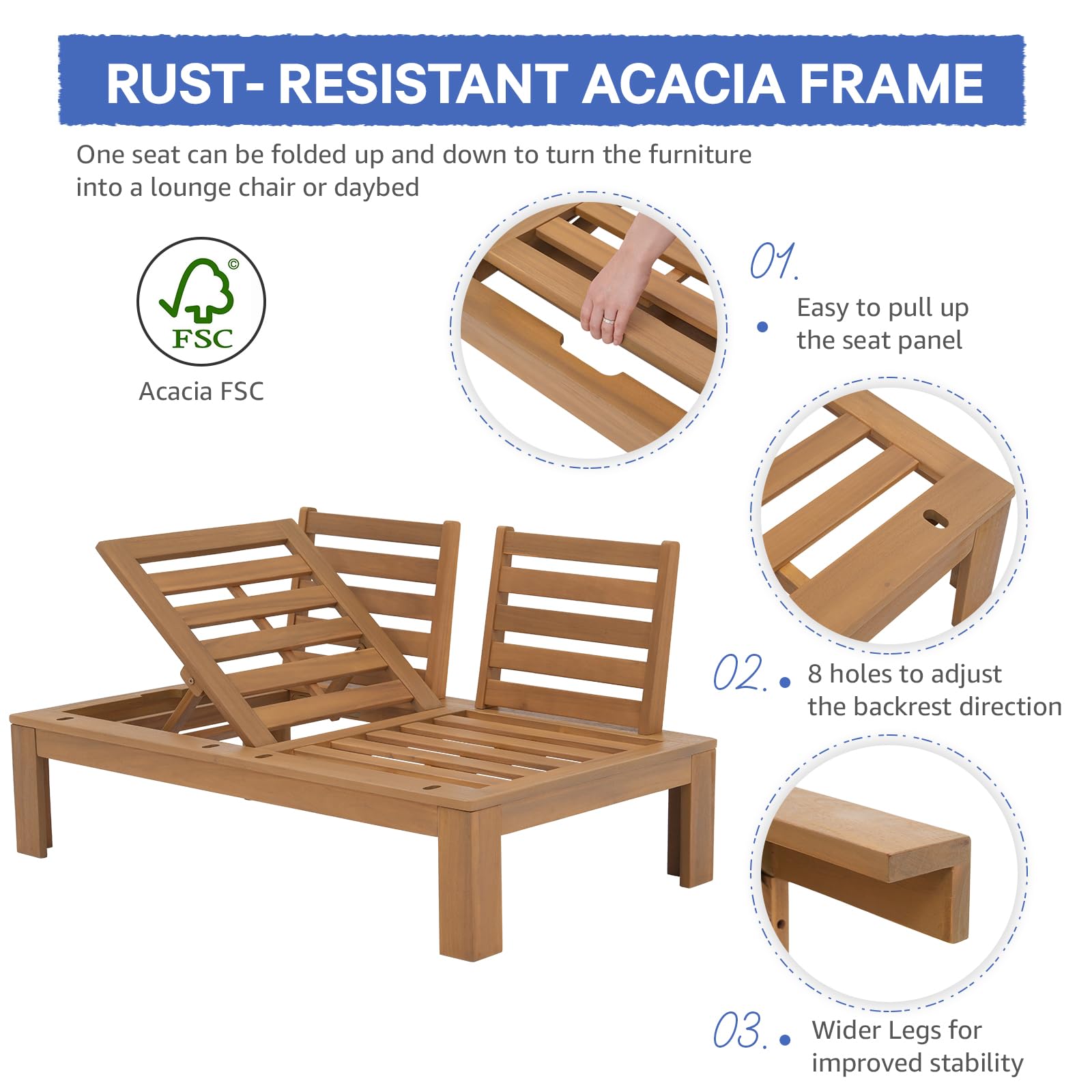 SUNSITT 4 Piece Acacia Wood Patio Furniture Outdoor Sectional Sofa Set with Adjustable Armrest, FSC Certified L-Shaped Patio Set w/2-in-1 Coffee Table, Cream White Cushions for Garden