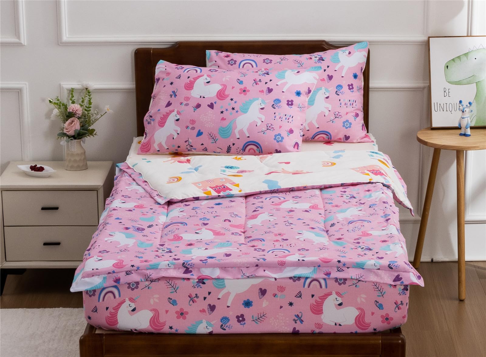 Meeting Story 3pcs Kids Comforter Sets Zipper Bedding Set for Girls,Twin Kid Bedding Set Rainbow Comforter Unicorn Bedding Set for Kid,All in one Zipper Bedding(Pink，Twin