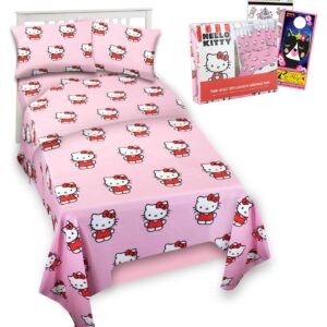 Hello Kitty Sheet Set - Bundle of Hello Kitty Bedding Including: Flat Sheet, Fitted Sheet, and Pillowcase for Twin Bed Plus Stickers, More for Kids