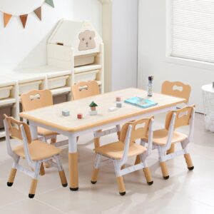 Kids Table and Chairs Set, Height Adjustable Desk With 6 Seats for Ages 2-10,Arts & Crafts Table,Graffiti Desktop, Non-Slip Legs, Max 300lbs, Children Multi-Activity Table for Classrooms,Daycares,Home