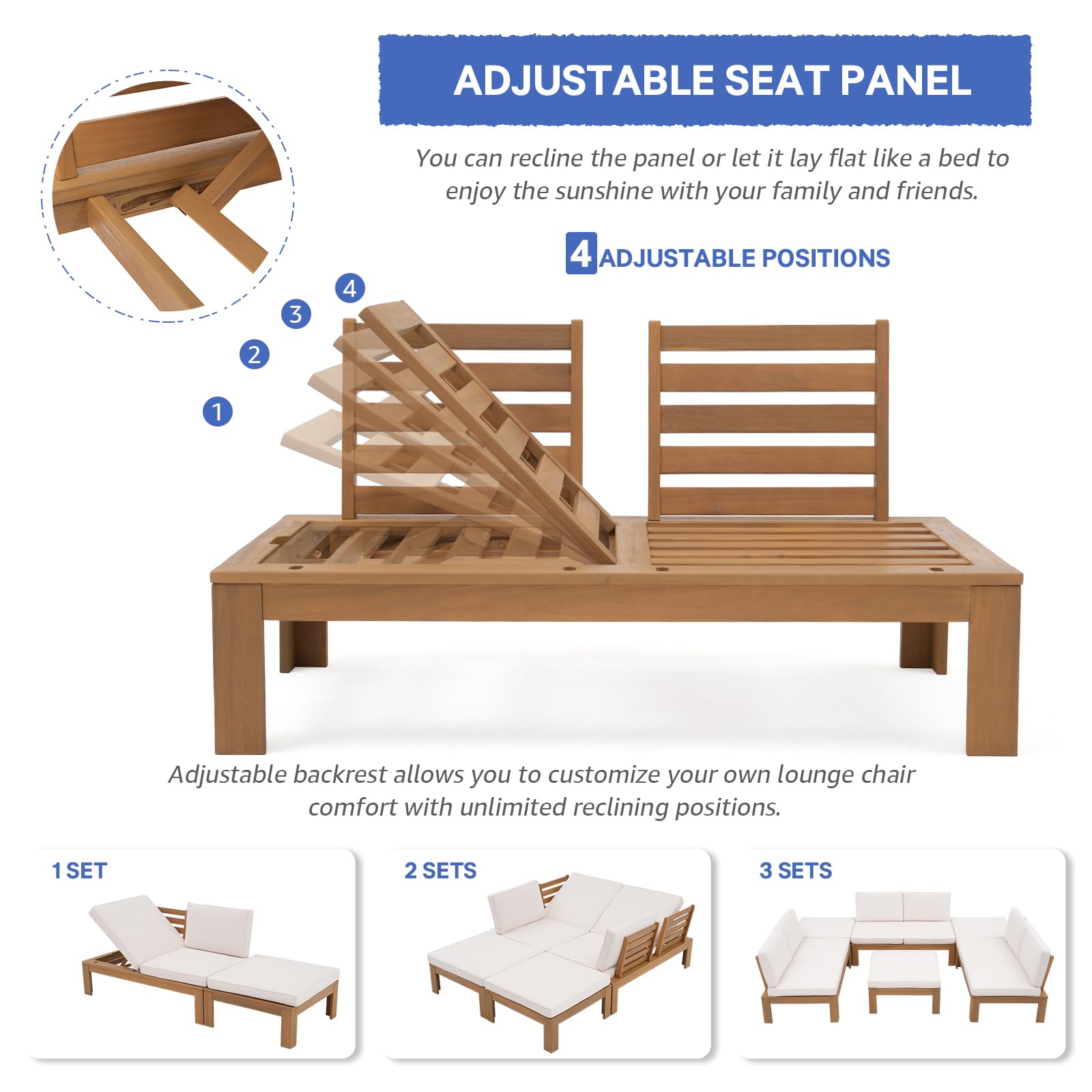 SUNSITT 4 Piece Acacia Wood Patio Furniture Outdoor Sectional Sofa Set with Adjustable Armrest, FSC Certified L-Shaped Patio Set w/2-in-1 Coffee Table, Cream White Cushions for Garden