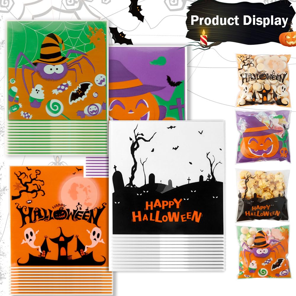 Halloween Treat Bags, 100PCS Self-sealing Halloween Candy Bags, Halloween Trick or Treat Bags Halloween Cellophane Treat Bags Bulk Halloween Decorations Gift Bags Halloween Goodie Snack Bags for Candy