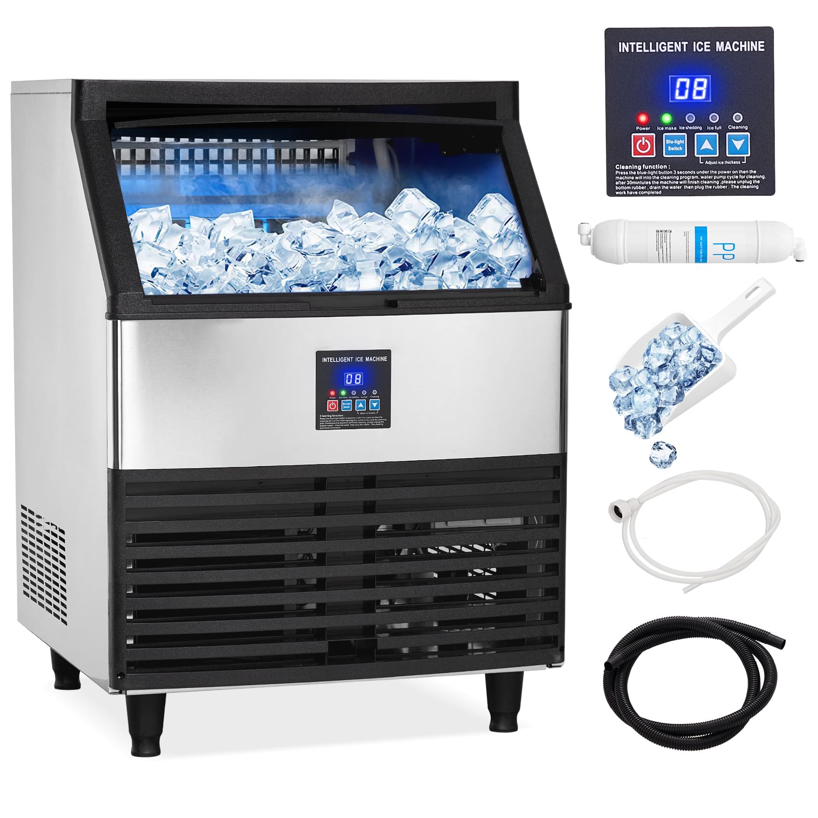 Commercial Ice Maker 300lbs/24H, 100lbs Storage Bin, Under Counter Ice Machine 500W, Freestanding Ice Machine with Ice Scoop, Self-Cleaning, for Restaurants/Bars