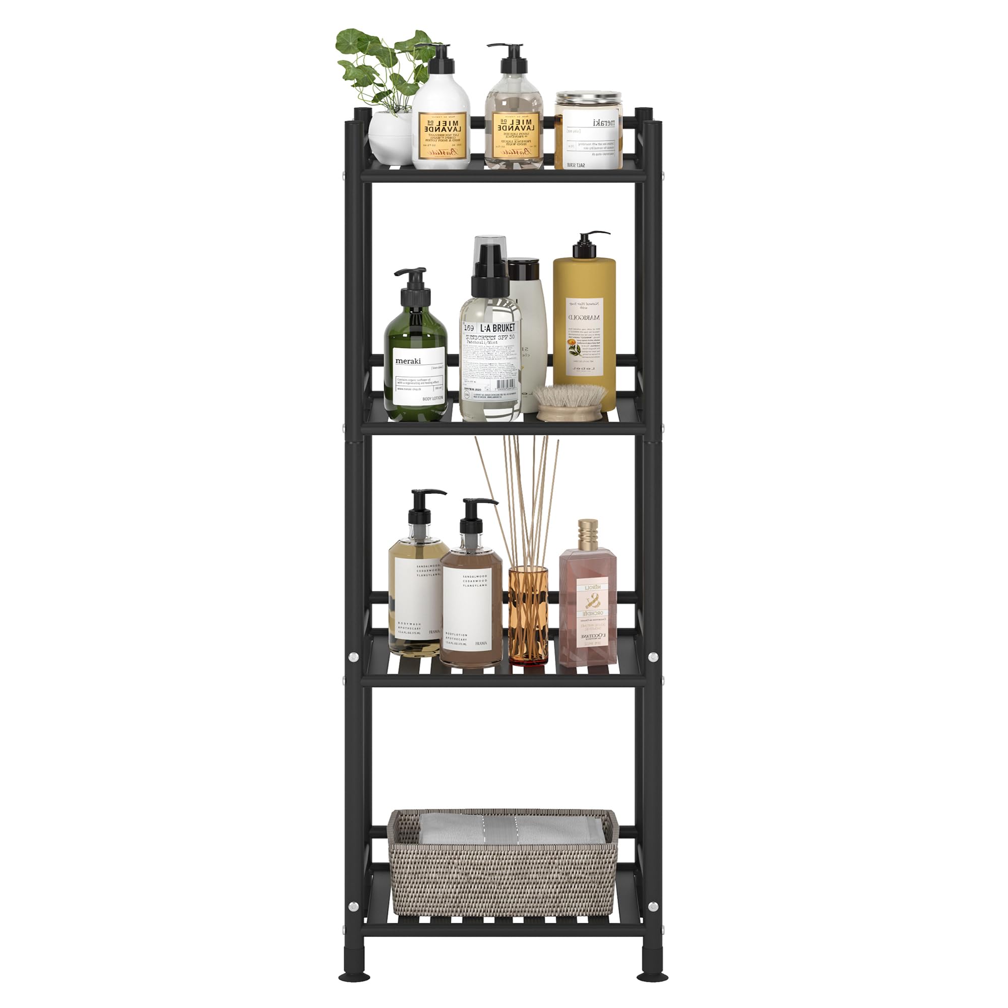 FKUO 4 Tier Metal Bathroom Rack Standing Shelf Unit Kitchen Storage Cabinet Shelf Organizer Plant Stand Display Rack Bookshelf for Living Room (Black, 4 Tier)