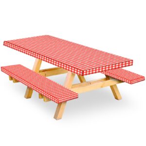 raweao picnic table cover with bench covers - 3 piece fitted picnic table cover with elastic band and flannel backing, picnic table cover for outdoor, bbq, camping (30 x 72 inch, red)