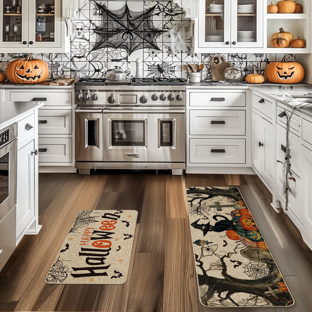 Artoid Mode Pumpkin Cat Spider Web Crucifix Bat Halloween Kitchen Mats Set of 2, Black Home Decor Low-Profile Kitchen Rugs for Floor - 17x29 and 17x47 Inch