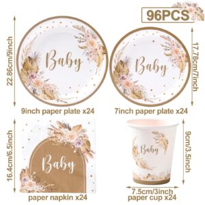 Boho Baby Shower Decorations Plates and Napkins Tableware for 24 Guests, Pampas Grass Floral Paper Plates Cups Design for Neutral Baby Shower Girl Boy Boho Party Supplies