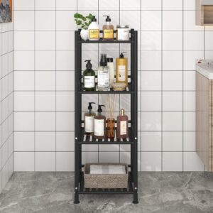 FKUO 4 Tier Metal Bathroom Rack Standing Shelf Unit Kitchen Storage Cabinet Shelf Organizer Plant Stand Display Rack Bookshelf for Living Room (Black, 4 Tier)