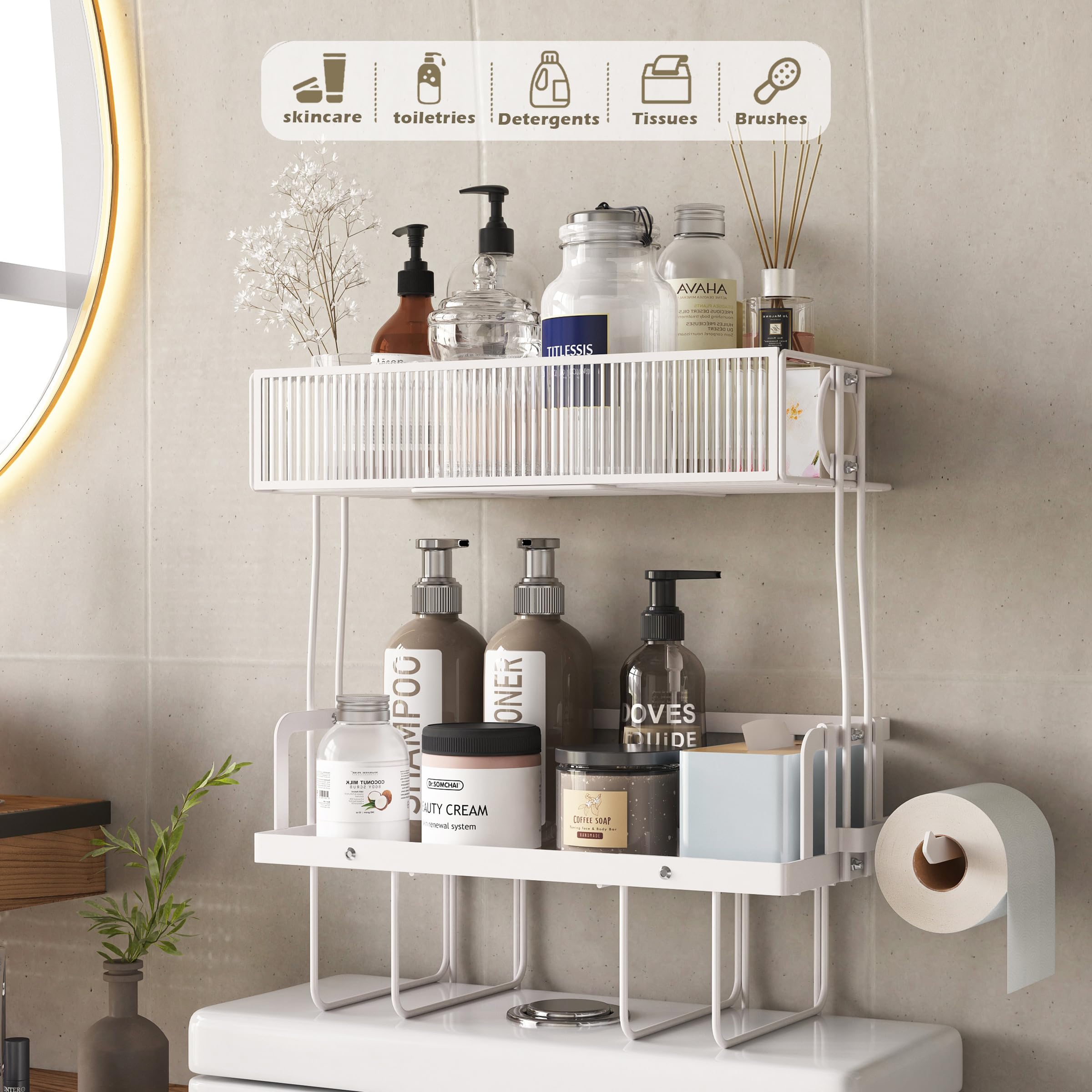 COVAODQ Bathroom Organizer Over The Toilet Storage Cabinet 2-Tier Bathroom Storage, Bathroom Shelves with Paper Rack 2 Tier