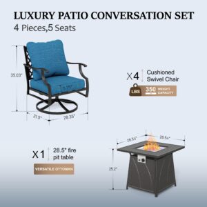 HERA'S HOUSE 5 Pieces Fire Pit Patio Furniture Set, 4 x Thick Cushioned Swivel Chairs with 28" Fire Pit Table (50,000 BTU), Outdoor Conversation Set for Garden Backyard Lawn, Pacific Blue