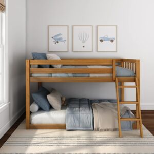 Max & Lily Fundamental Twin Low Bunk Bed, Kids Solid Wood Modern Bed Frame with Strong Wooden Slats, Non-Toxic Finishes, High Weight Capacity, Pecan