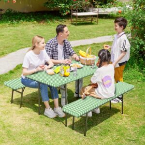 Raweao Picnic Table Cover with Bench Covers - 3 Piece Fitted Picnic Table Cover with Elastic Band and Flannel Backing, Picnic Table Cover for Outdoor, BBQ, Camping (30 X 72 Inch, Green)