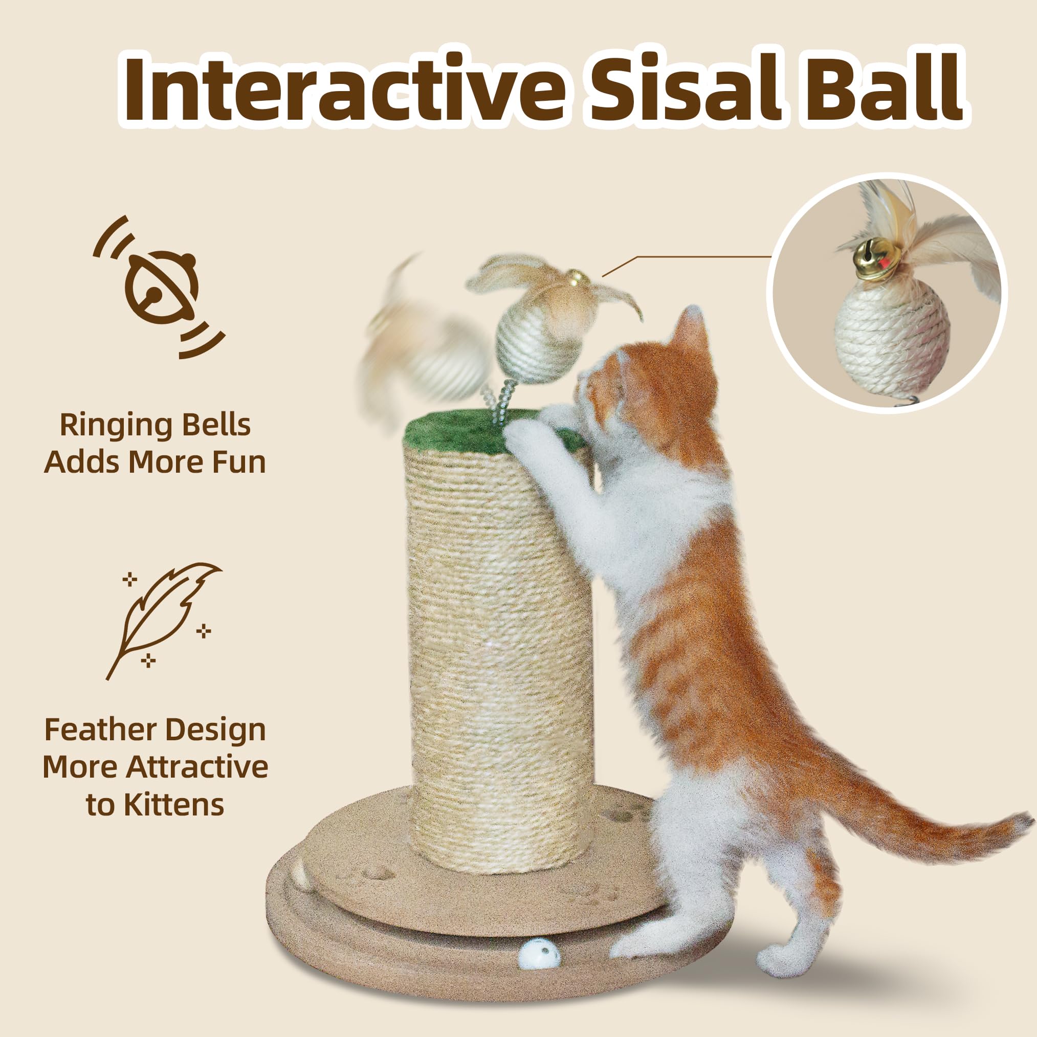 Purrzone Cat Scratching Post 3 in 1 Wooden Cat Toy with Cat Scratcher 17" Tall Cat Scratch Post with Track Balls Interactive Cat Toy for Indoor Kittens Adult Cats