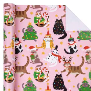 WRAPAHOLIC Christmas Wrapping Paper - Mini Roll - 17 Inch x 33 Feet - Adorable Christmas Cat Design for Christmas, Holiday, Party Celebration