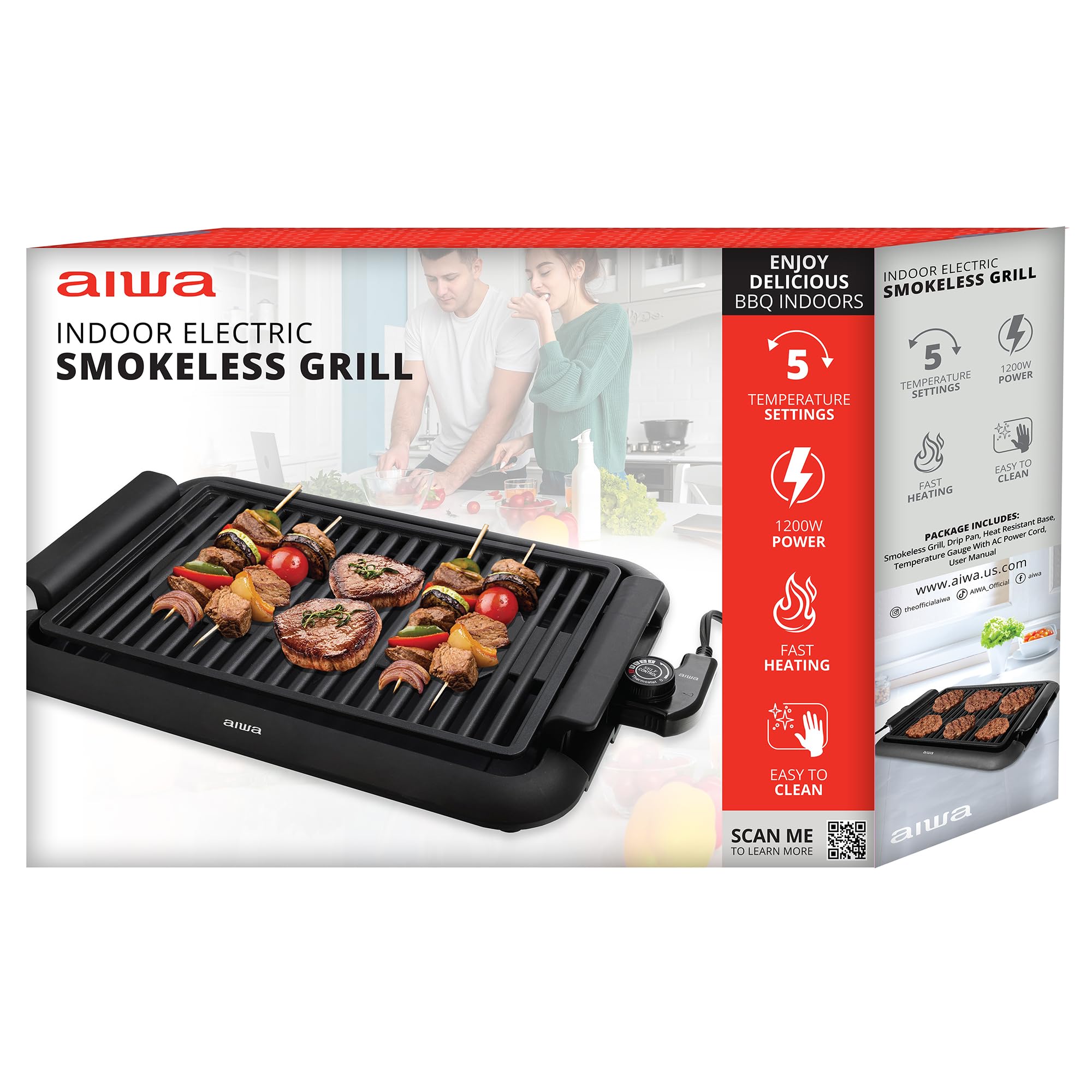 Aiwa 1200W Indoor Smokeless Grill with 5 Temperature Settings & Easy Cleaning, Black Ceramic Nonstick Skillet