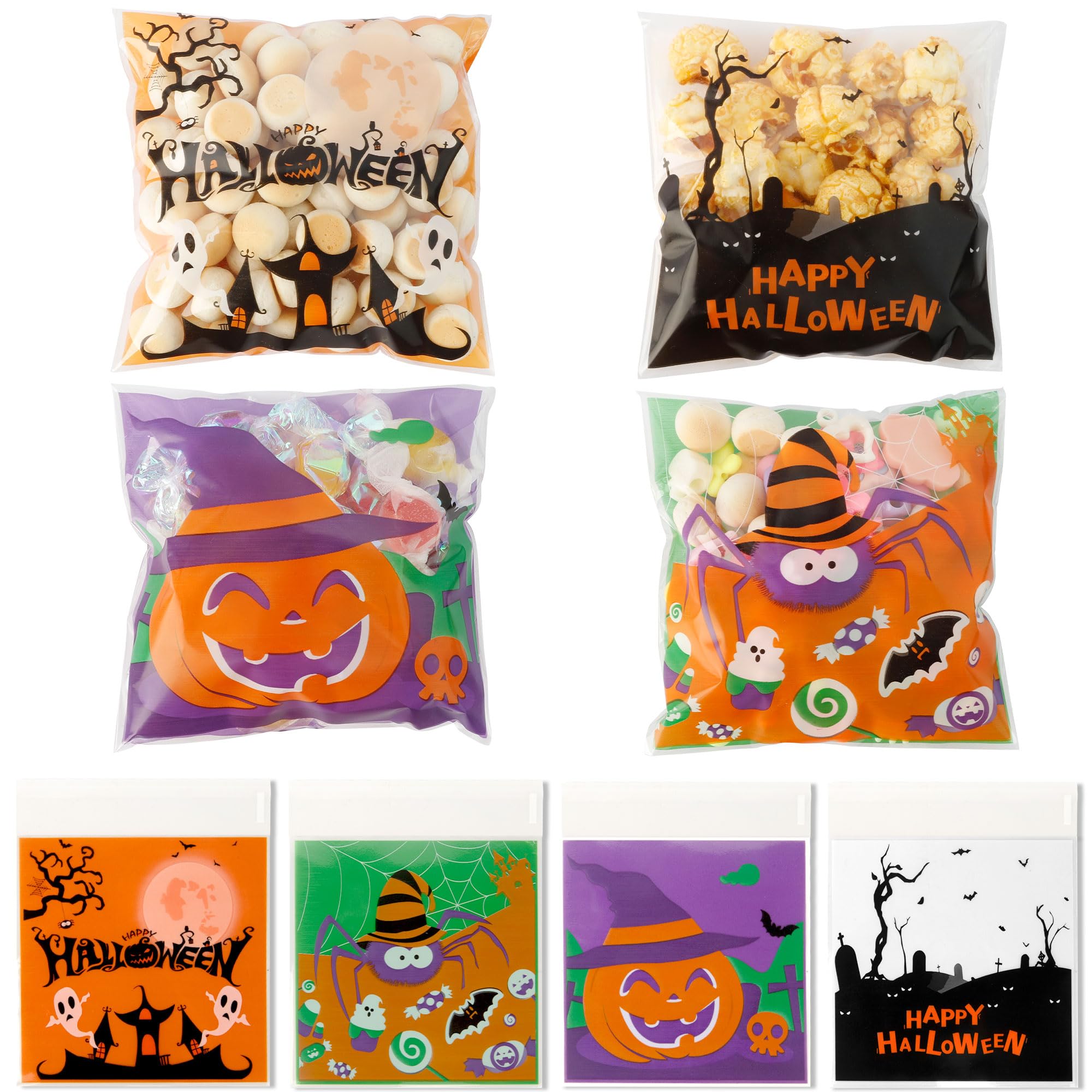 Halloween Treat Bags, 100PCS Self-sealing Halloween Candy Bags, Halloween Trick or Treat Bags Halloween Cellophane Treat Bags Bulk Halloween Decorations Gift Bags Halloween Goodie Snack Bags for Candy