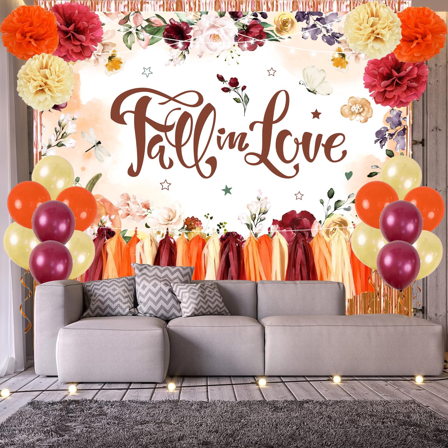 Fall In love Bridal Shower Decorations Fall Wedding Decorations 47pcs Fall Bridal Shower Decorations Set Includes Backdrop, Paper Pom Poms, Paper Tassel, Curtains and Balloons