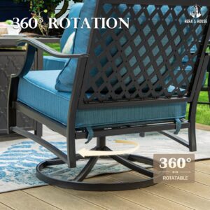 HERA'S HOUSE 5 Pieces Fire Pit Patio Furniture Set, 4 x Thick Cushioned Swivel Chairs with 28" Fire Pit Table (50,000 BTU), Outdoor Conversation Set for Garden Backyard Lawn, Pacific Blue