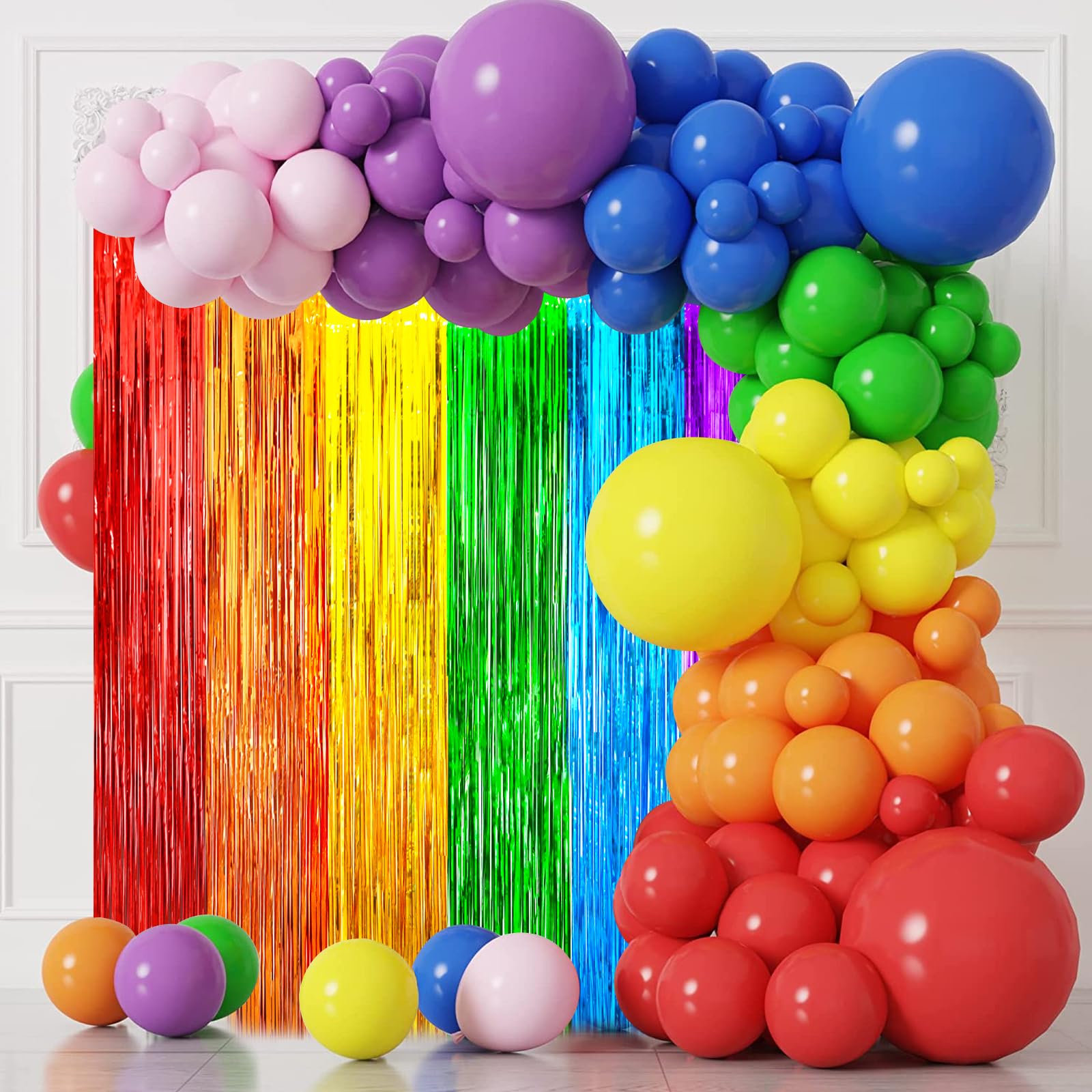 2 Pack Rainbow Foil Fringe Backdrop Curtains, Tinsel Streamers Birthday Party Decorations, Fringe Backdrop for Graduation, Baby Shower, Gender Reveal, Disco Party