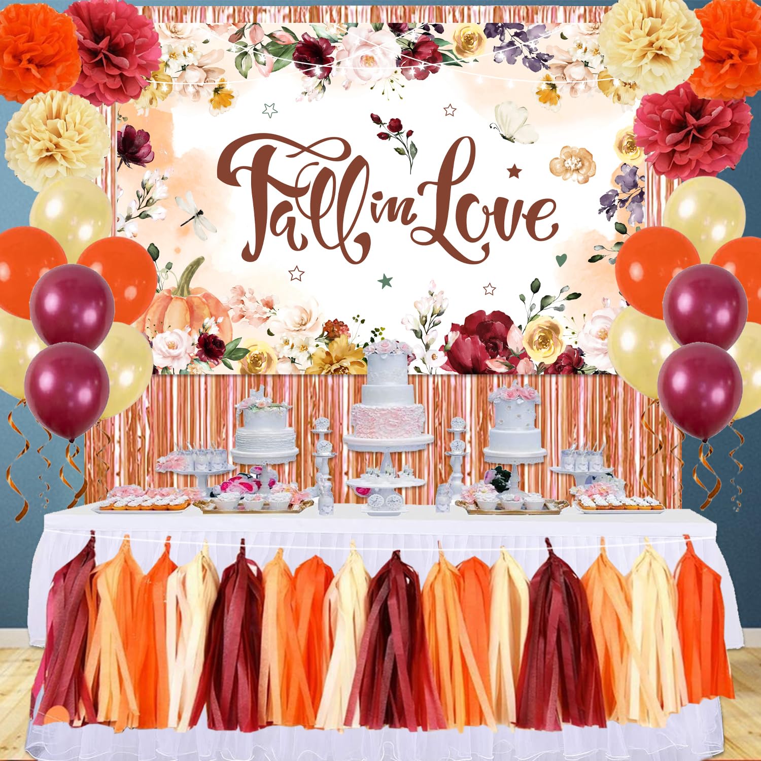 Fall In love Bridal Shower Decorations Fall Wedding Decorations 47pcs Fall Bridal Shower Decorations Set Includes Backdrop, Paper Pom Poms, Paper Tassel, Curtains and Balloons