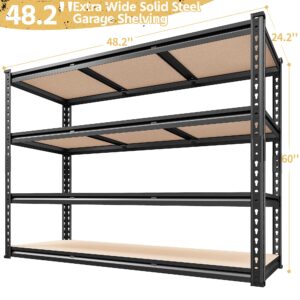 REIBII 48.2''W Storage Shelves Heavy Duty Garage Shelving 2500LBS Garage Shelves Adjustable Storage Shelves 4 Tier Metal Shelves for Storage Rack Industrial Metal Shelving Unit, 48.2"W X 24.2"D X 60"H