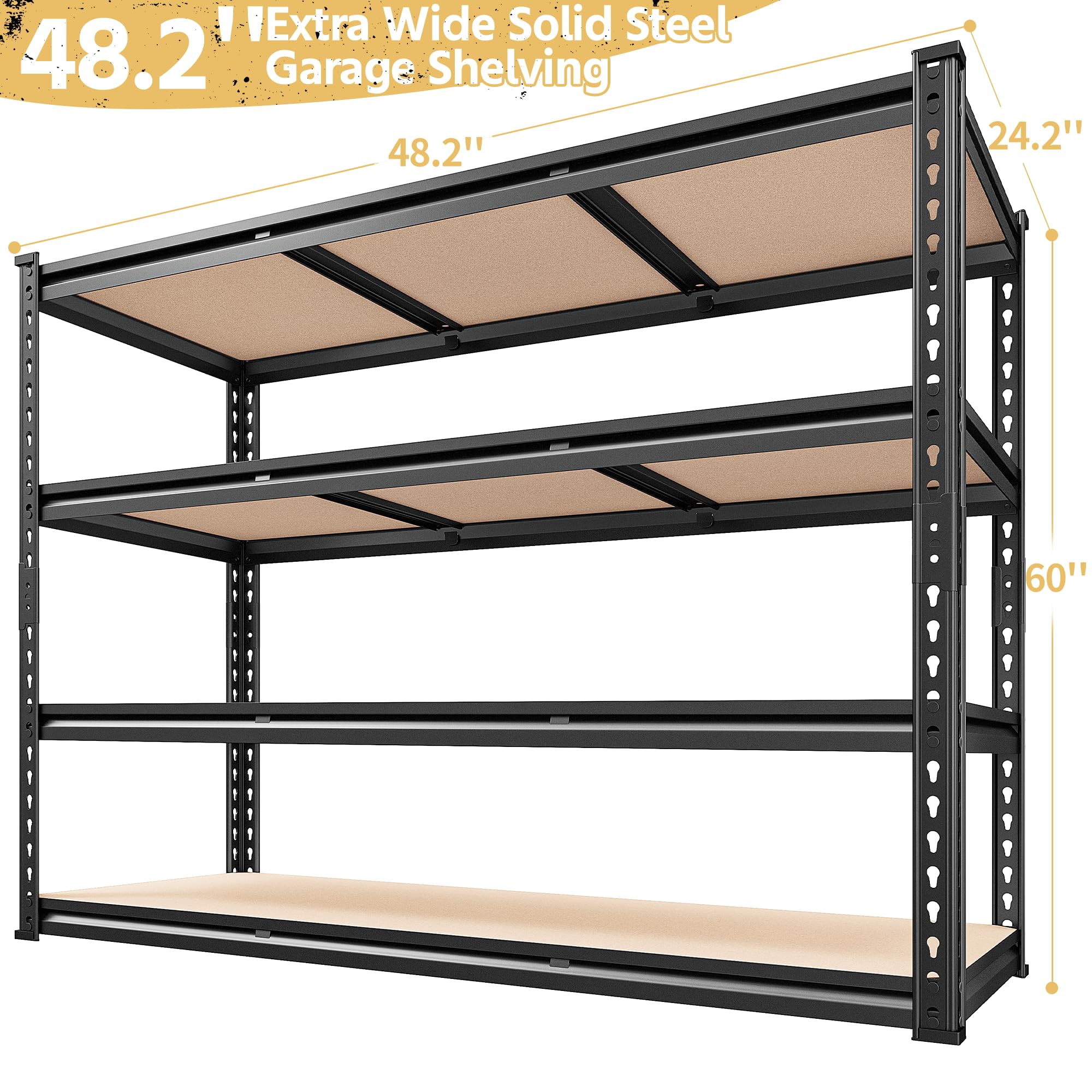 REIBII 48.2''W Storage Shelves Heavy Duty Garage Shelving 2500LBS Garage Shelves Adjustable Storage Shelves 4 Tier Metal Shelves for Storage Rack Industrial Metal Shelving Unit, 48.2"W X 24.2"D X 60"H