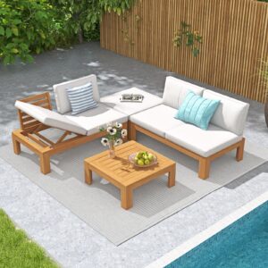 sunsitt 4 piece acacia wood patio furniture outdoor sectional sofa set with adjustable armrest, fsc certified l-shaped patio set w/2-in-1 coffee table, cream white cushions for garden