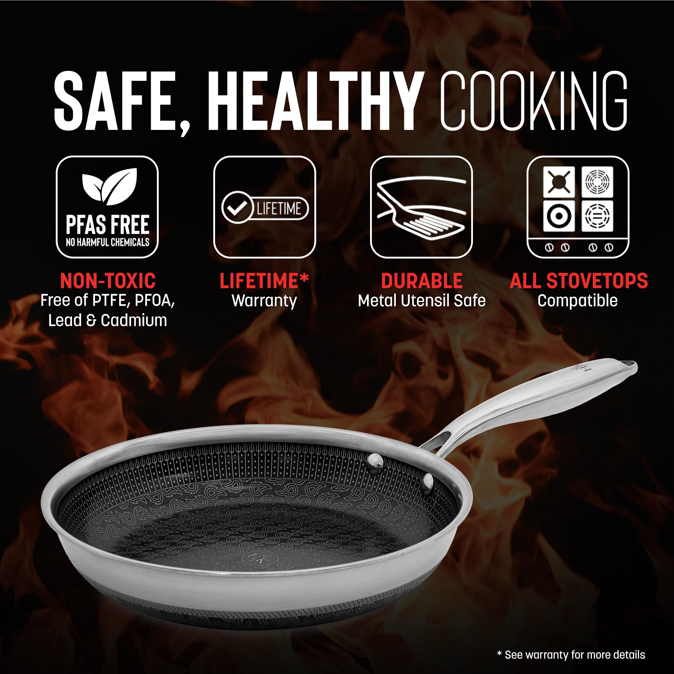 Hell's Kitchen Hybrid 9.5" Frying Pan, Tri-Clad Stainless Steel and Nonstick Ceramic PFAS Free, no PFOA, PTFE, or Teflon, Non Toxic Cookware, Metal Utensil Safe, All Cooktops, Oven Safe (9.5 Inch)