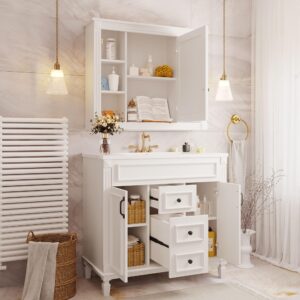 36 in Bathroom Vanity with Sink and Medicine Cabinet Set, 2 Drawers, 2 Doors and Shelves, Wood Single Sink Bathroom Cabinet with Soft Closing, Modern White Bathroom Vanity Set