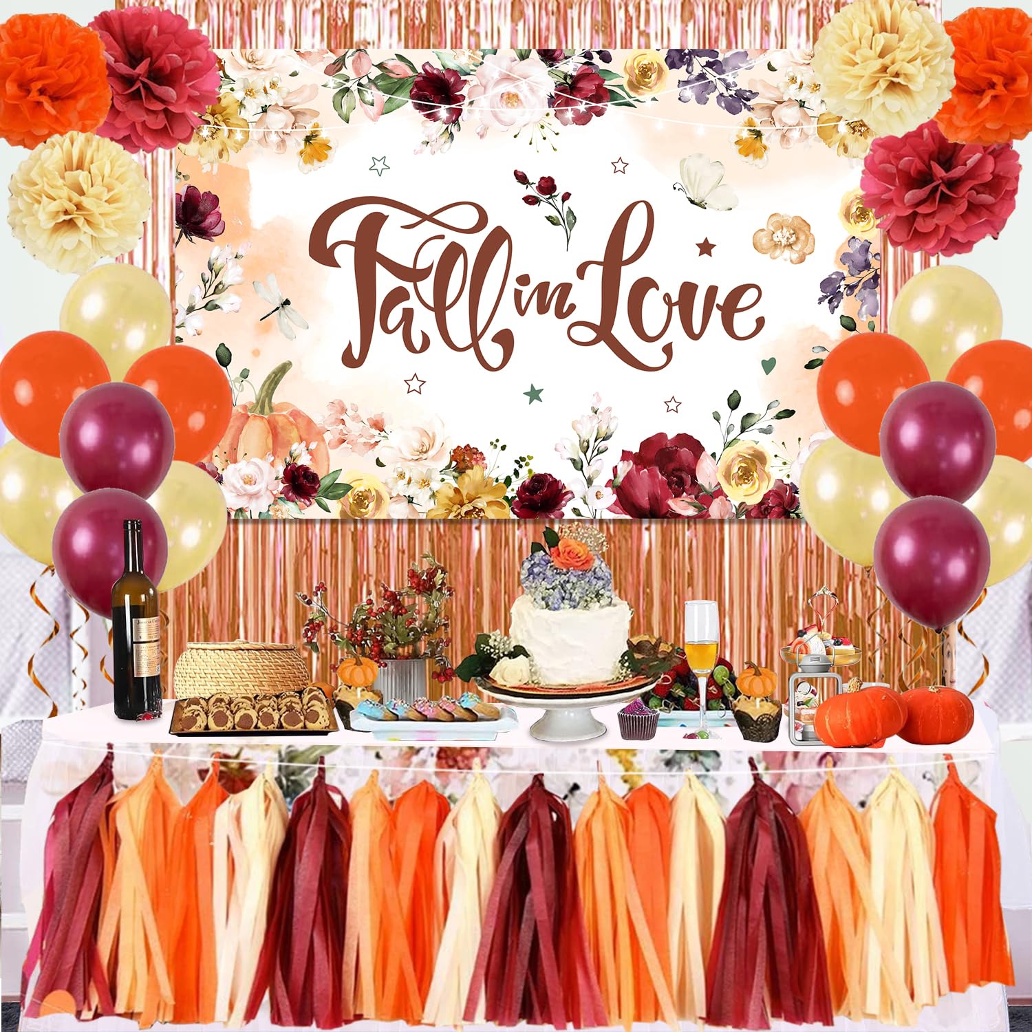 Fall In love Bridal Shower Decorations Fall Wedding Decorations 47pcs Fall Bridal Shower Decorations Set Includes Backdrop, Paper Pom Poms, Paper Tassel, Curtains and Balloons