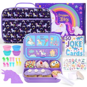 qqko bento box for kids with insulated lunch bag, kids toddler lunch box containers for girls, school unicorn lunch box set with 4 compartments, ice packs, utensils, sauce container, muffin cups