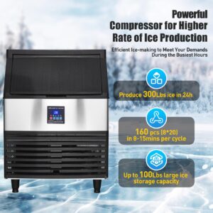 Commercial Ice Maker 300lbs/24H, 100lbs Storage Bin, Under Counter Ice Machine 500W, Freestanding Ice Machine with Ice Scoop, Self-Cleaning, for Restaurants/Bars