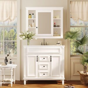 36 in bathroom vanity with sink and medicine cabinet set, 2 drawers, 2 doors and shelves, wood single sink bathroom cabinet with soft closing, modern white bathroom vanity set