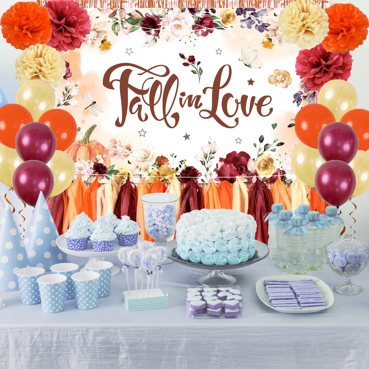 Fall In love Bridal Shower Decorations Fall Wedding Decorations 47pcs Fall Bridal Shower Decorations Set Includes Backdrop, Paper Pom Poms, Paper Tassel, Curtains and Balloons