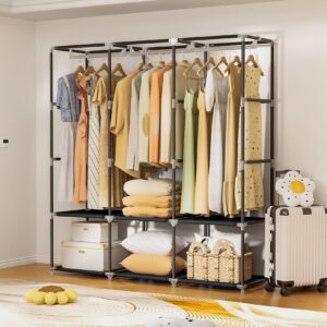 Neatrays Wardrobe Closet，Portable Closets for Hanging Clothes,Free Standing Clothes Rack with Cover & 3 Hanging rods & 6 Storage Shelves & 2 Side Pockets