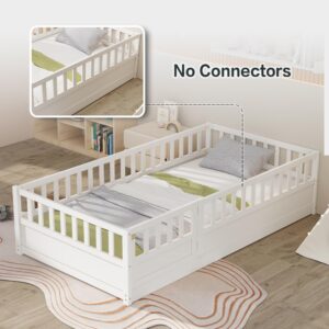 CITYLIGHT Twin Floor Bed with High Rails, Wood Montessori Floor Bed with Door Design, Kids Twin Bed Frame with Bed Slats for Boys Girls Children,White